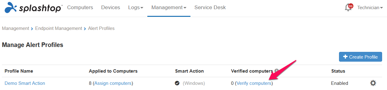 アラートプロファイル：Smart Action – Splashtop Business - サポート